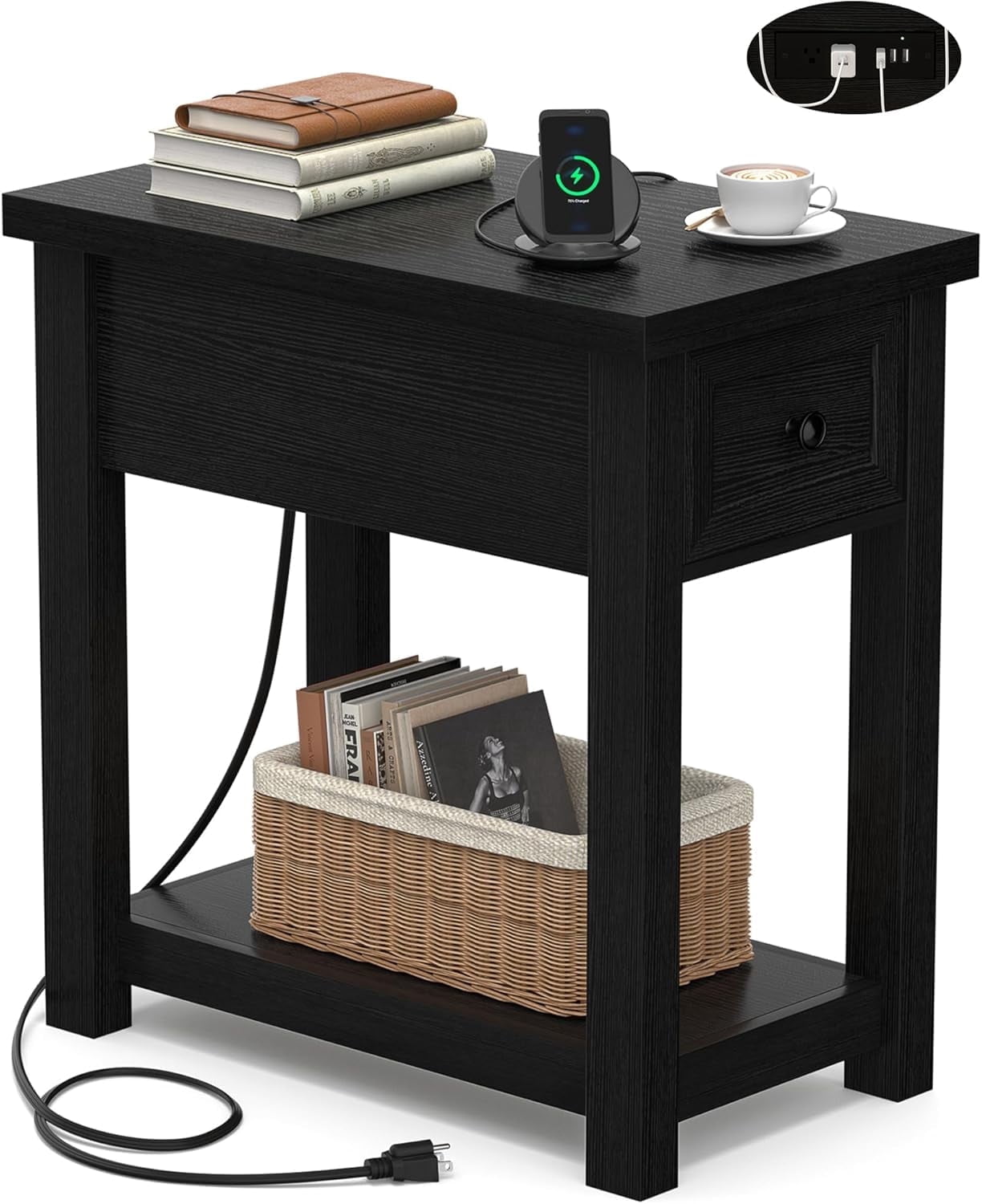 Homieasy Farmhouse Narrow End Table with Built-in Charging Station ...