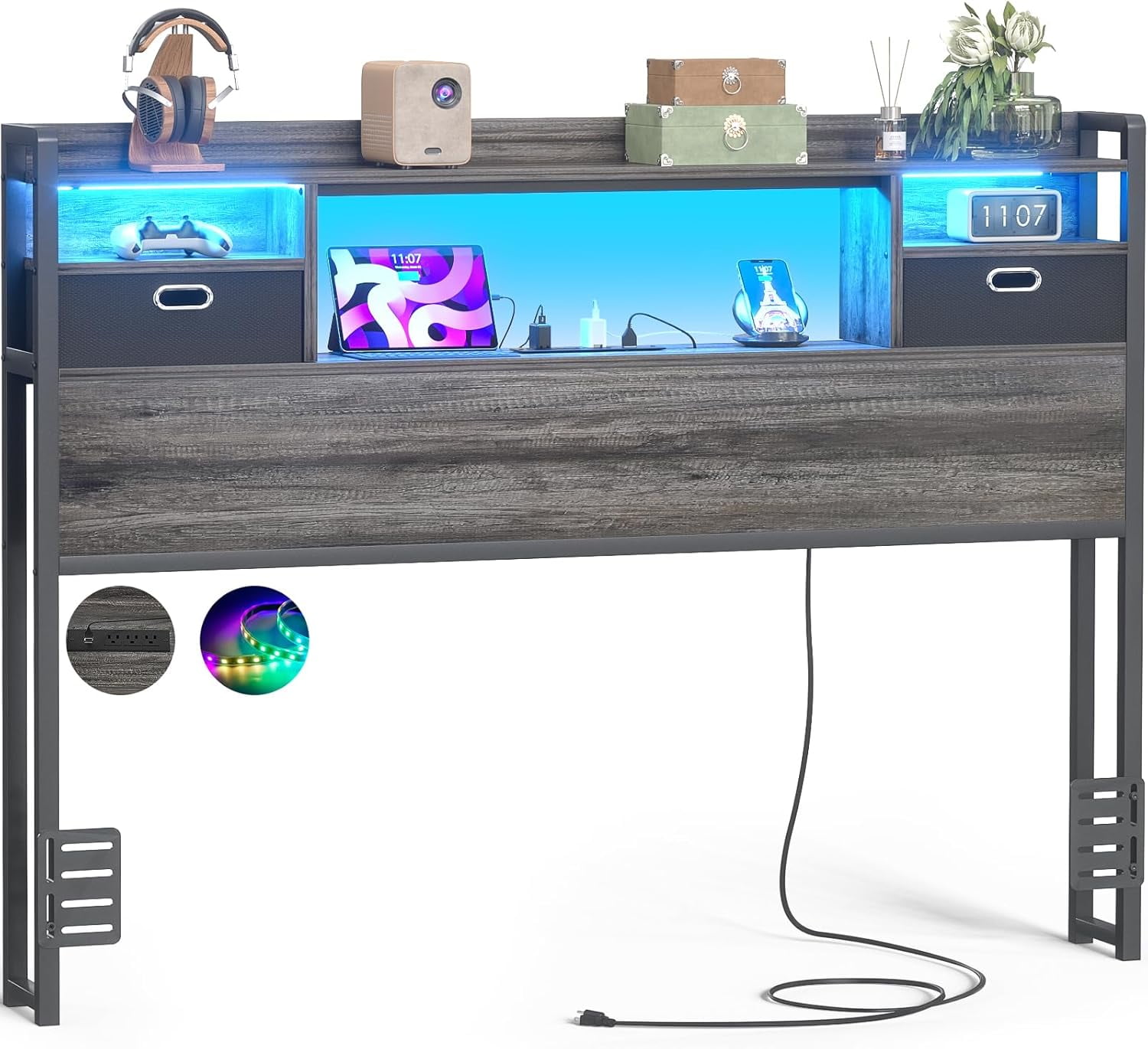 Homieasy Full Headboard with Drawer Storage and LED Light, Wood ...