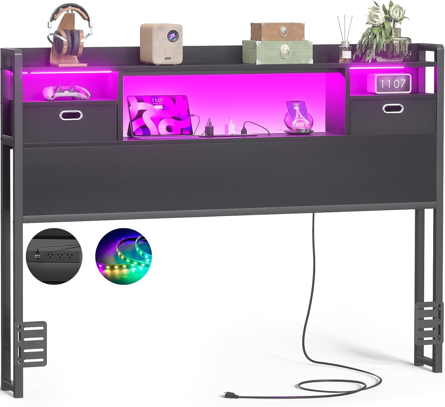 Homieasy Full Headboard with Drawer Storage and LED Light, Wood ...