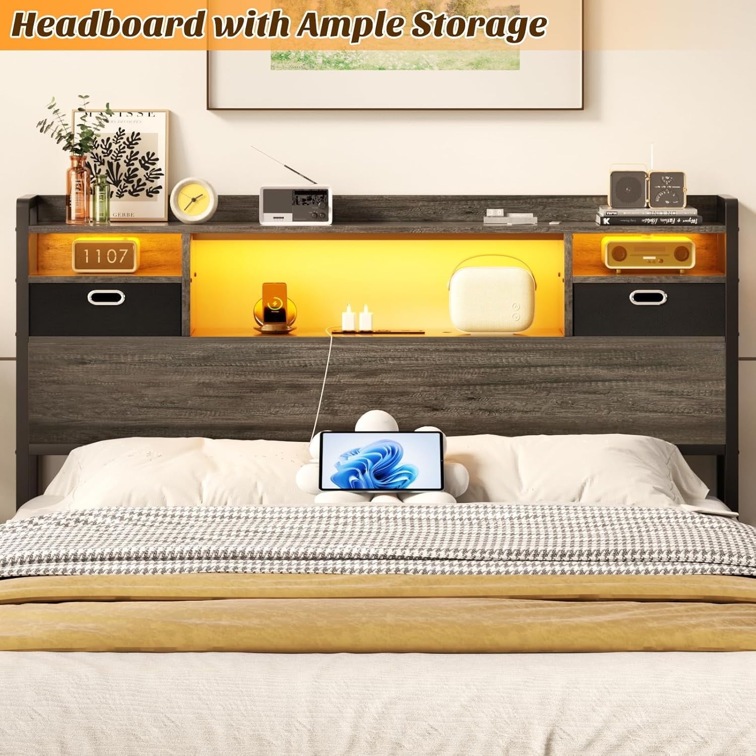 Homieasy Full Headboard with Drawer Storage and LED Light, Wood ...