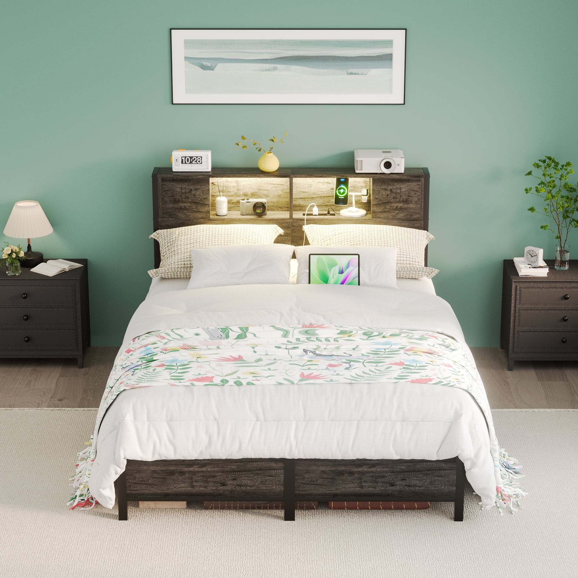 Homieasy Full Size Bed Frame with Charging Station and LED Lights ...