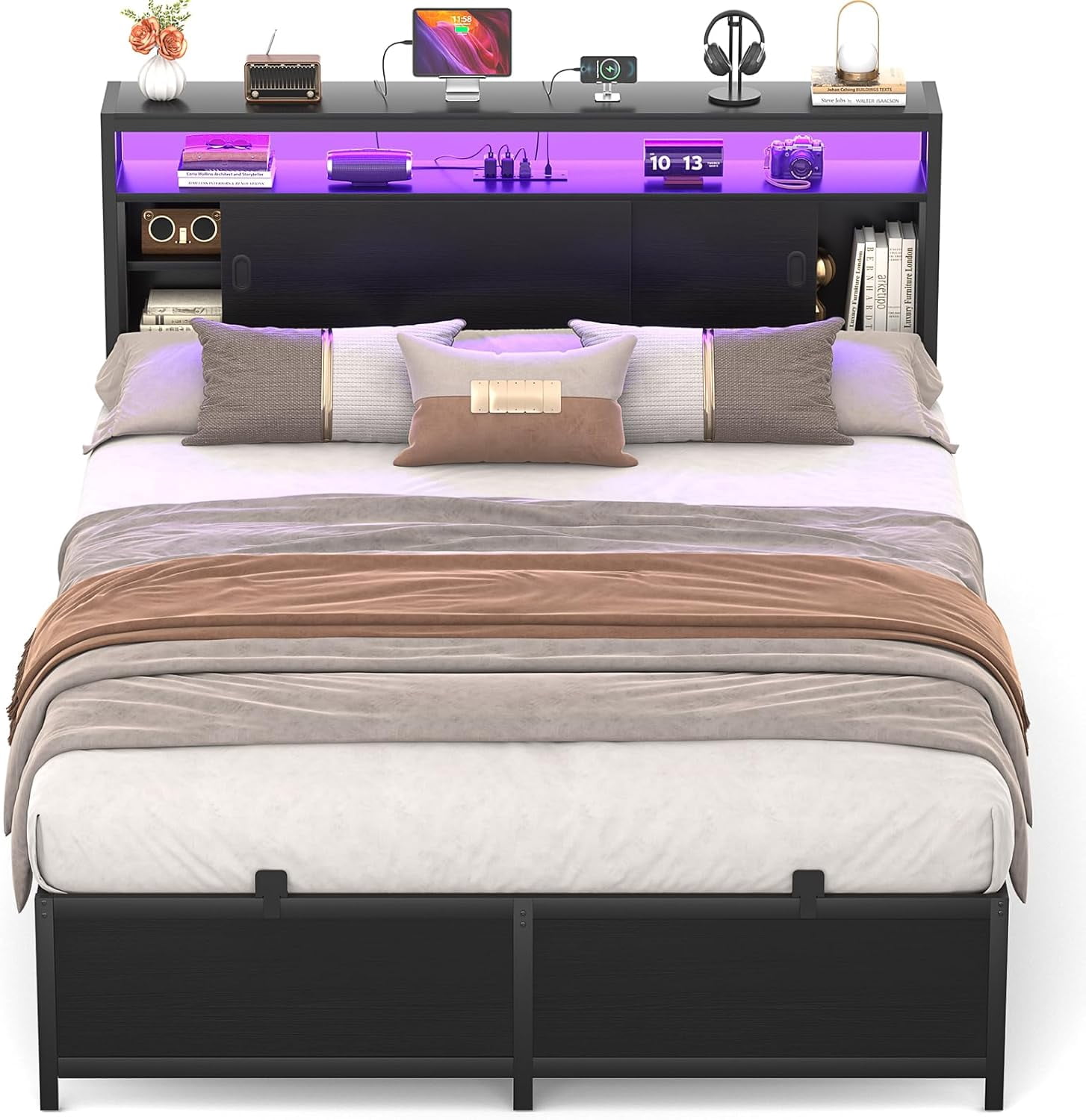 Homieasy Full Size Bed Frame with Sliding Doors Headboard, Platform Bed ...
