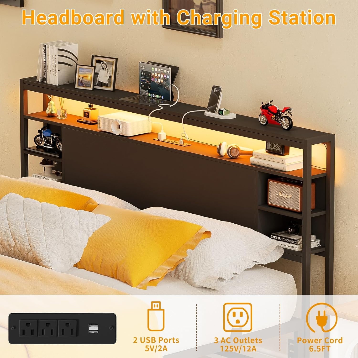 Homieasy Full Size Bed Frame with Storage Headboard, Power Socket and ...