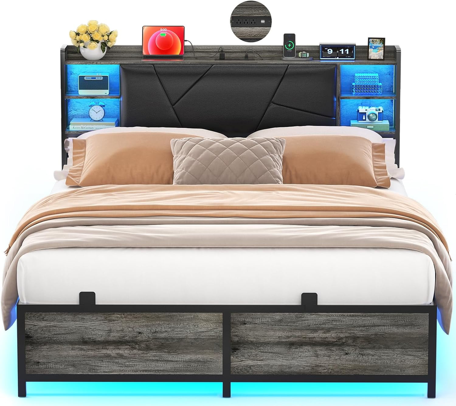 Homieasy Full Size Bed Frame with Upholstered Headboard, Charging ...