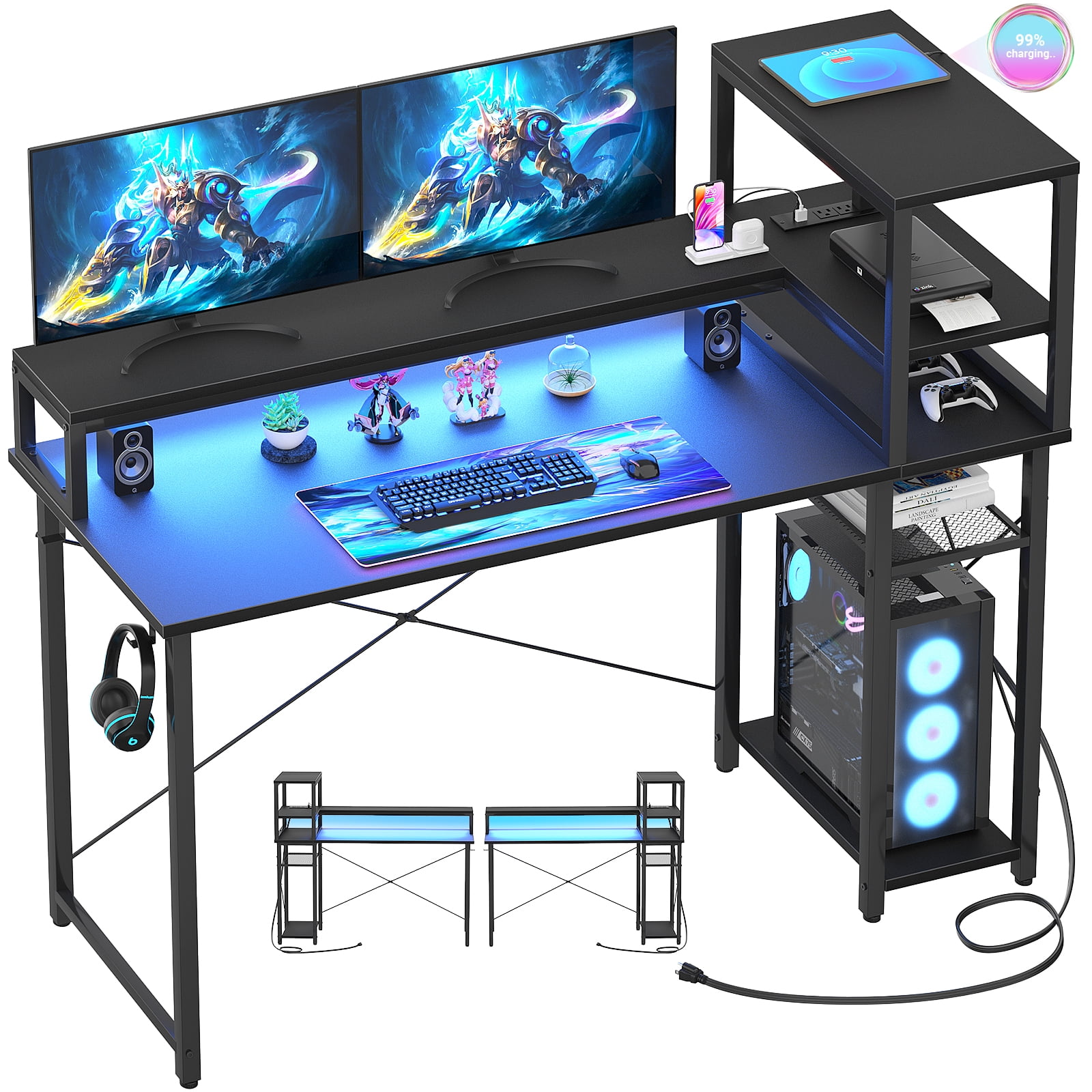 Homieasy 47'' Gaming Desk with Power Outlet, USB Ports, LED, Monitor ...