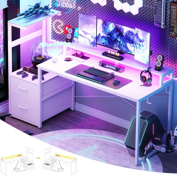 Homieasy 47-inch L-Shaped Gaming Computer Desk with LED Lights & Power ...