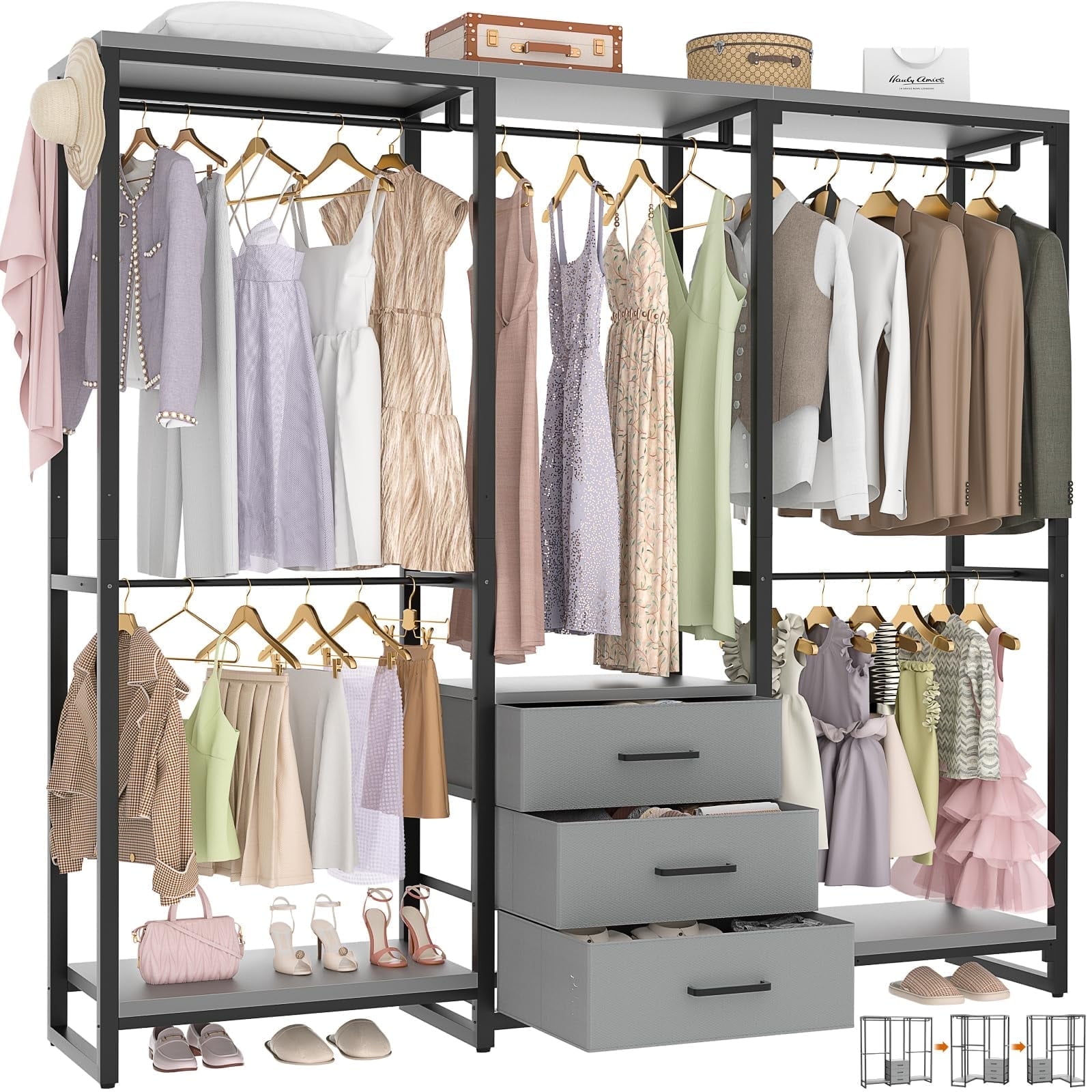 Homieasy Heavy Duty Garment Rack, Wood Closet Organizer with 3 Drawers ...