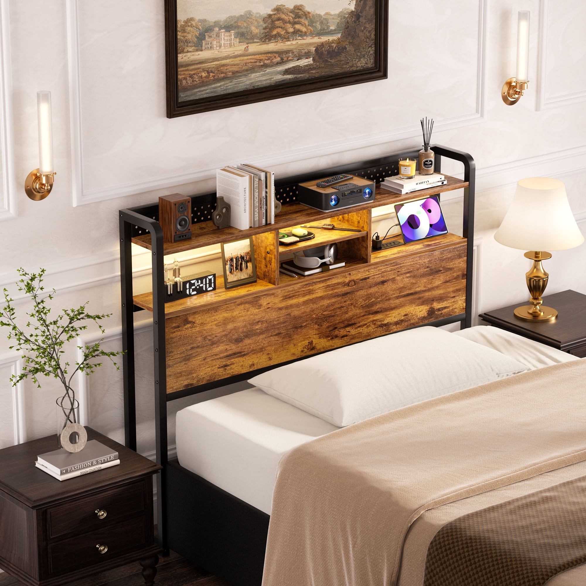 Homieasy Full Size Bed Headboard with Storage Shelf, USB Ports, Outlets ...