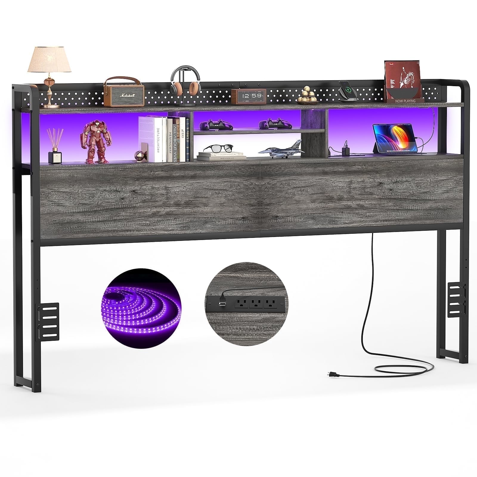 Homieasy King Headboard, Black Oak, RGB LED Lighting, USB Ports ...
