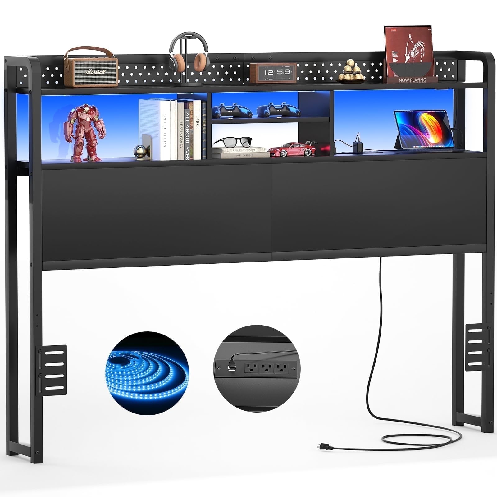 Homieasy Queen Size Headboard, Black, Storage Shelves, RGB LED, USB ...