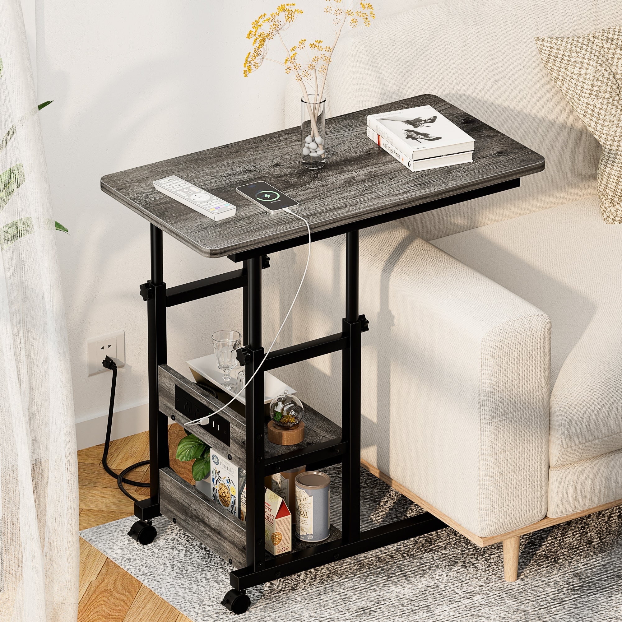 Homieasy Height Adjustable C-Shaped End Table with Power Outlet ...