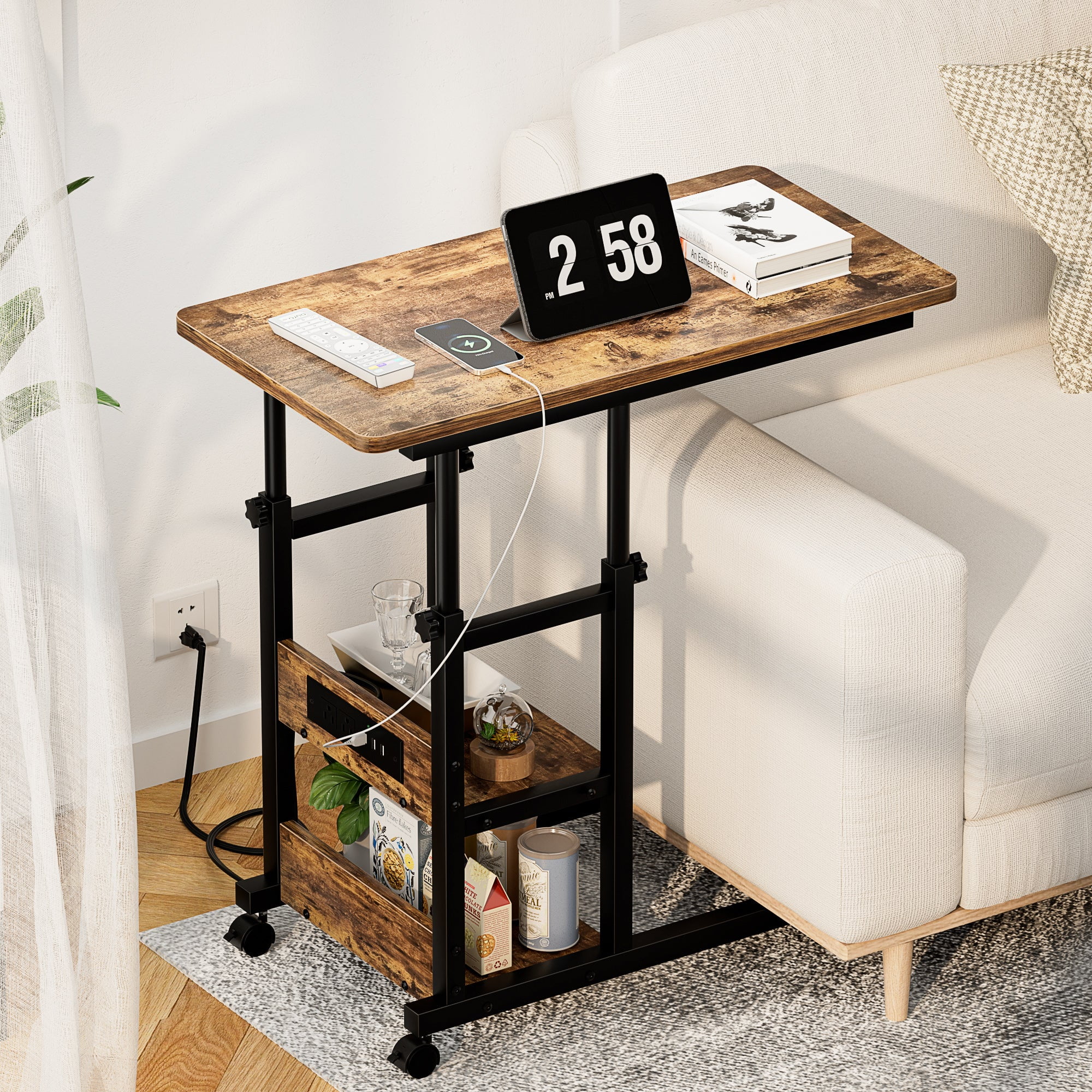 Homieasy Height Adjustable C-Shaped End Table with Power Outlet ...