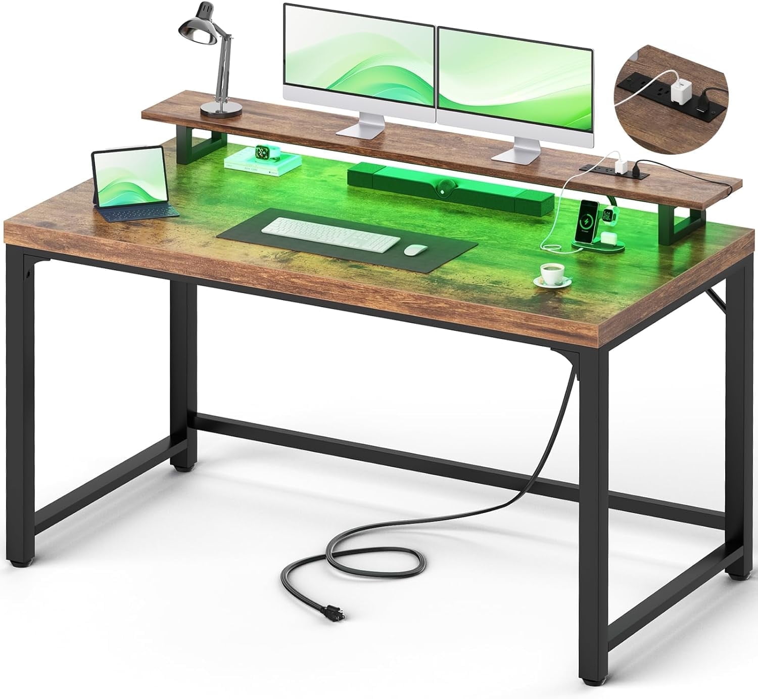 Homieasy Industrial 55 Inch Computer Desk with Socket and LED Light ...