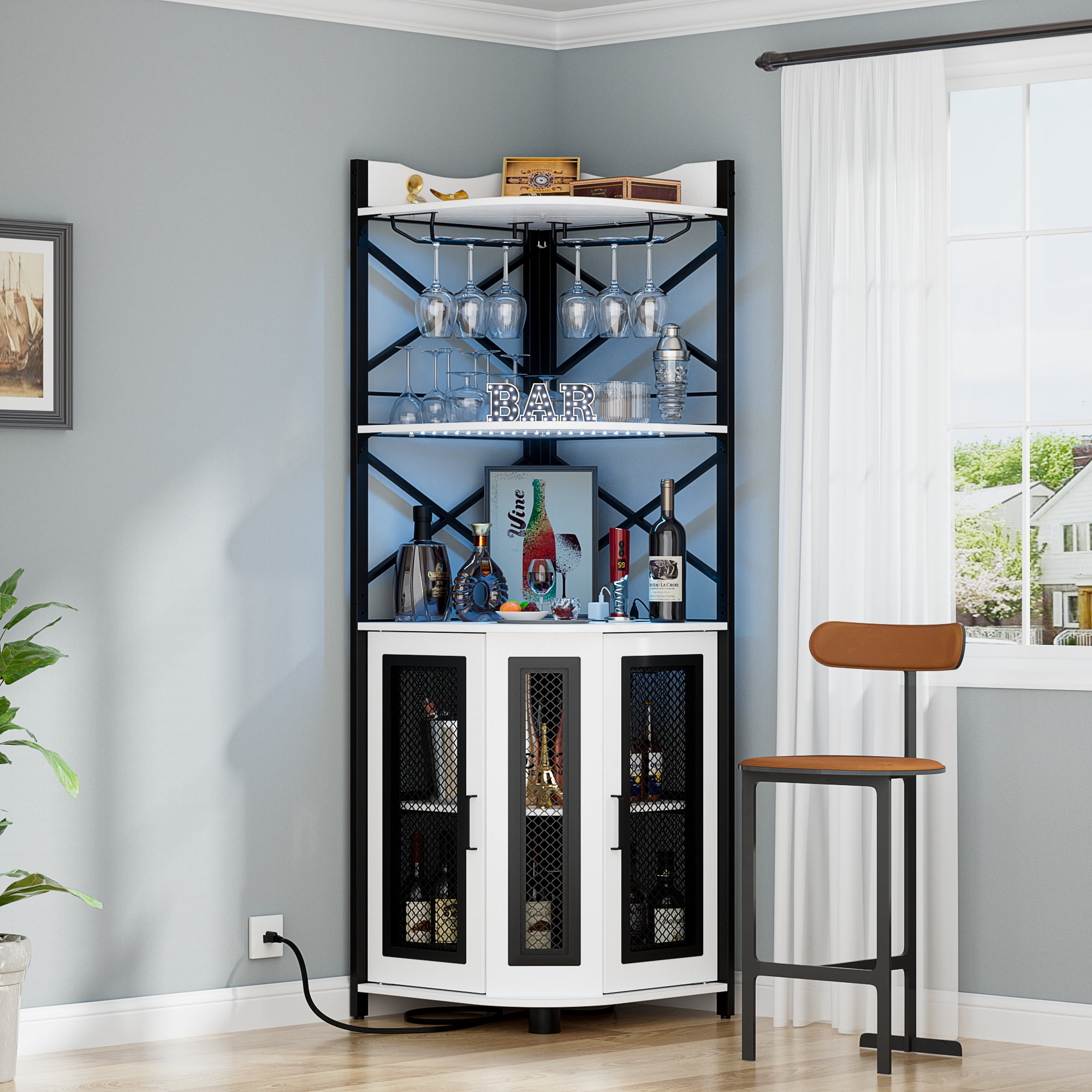 Homieasy 5-Tiers Corner Bar Cabinet with LED, Glass Holder, Power ...