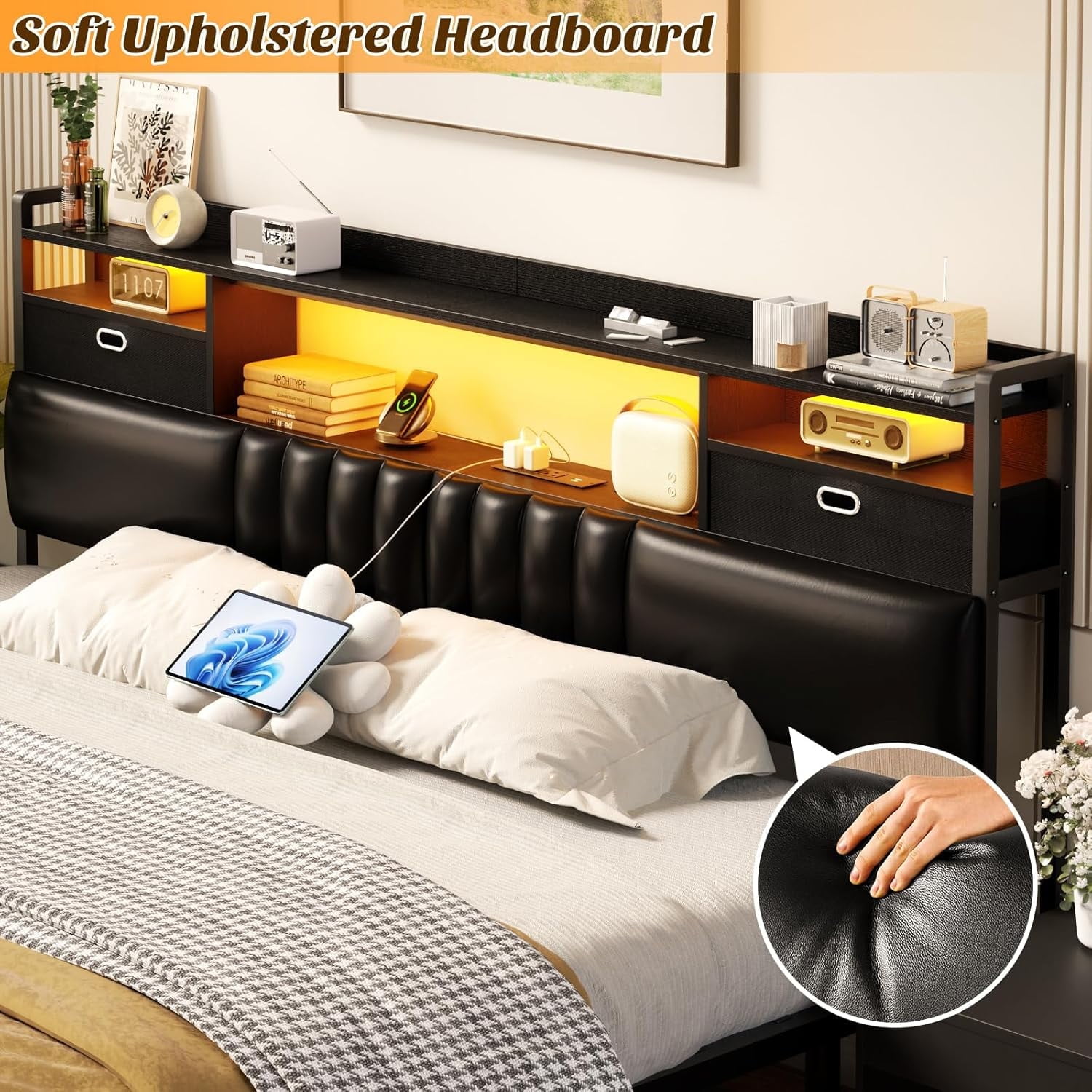 Homieasy King Headboard with Drawer Storage and RGB LED Light, King ...