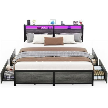 IKIFLY King Storage Headboard with LED Lights, Charging, Shelves ...