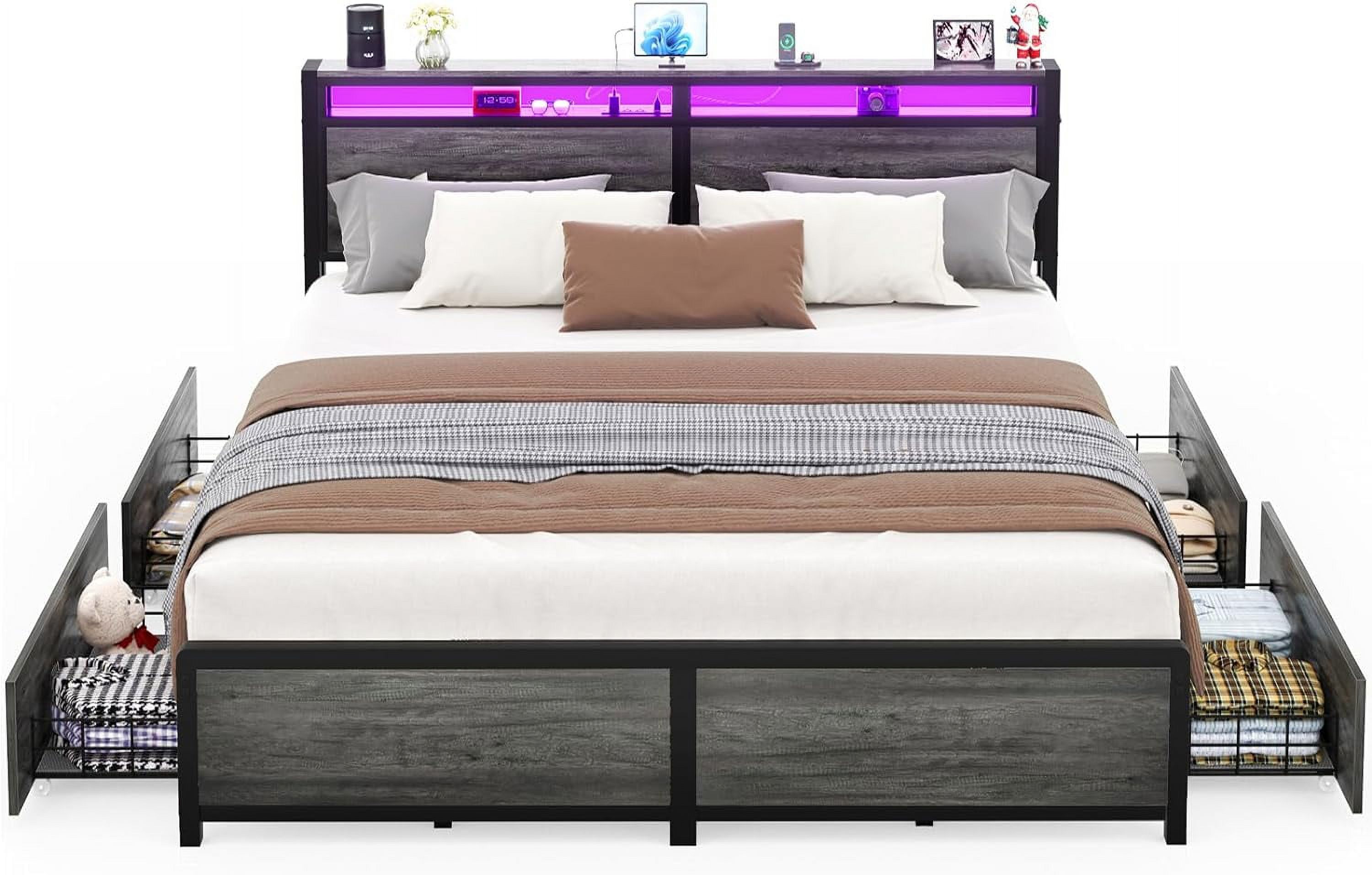 Wood Platform Bed with Two Drawers, Platform Storage Bed Solid Wood ...