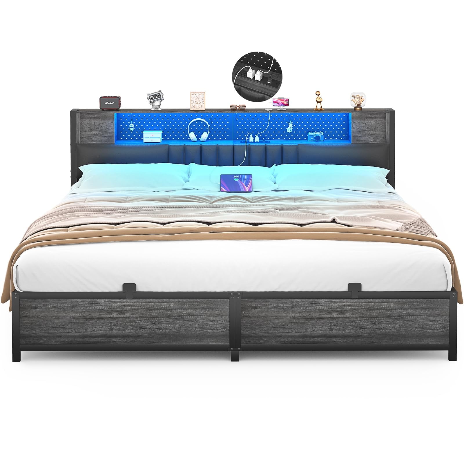 Homieasy King Bed Frame with LED, USB, Storage, Upholstered Headboard ...