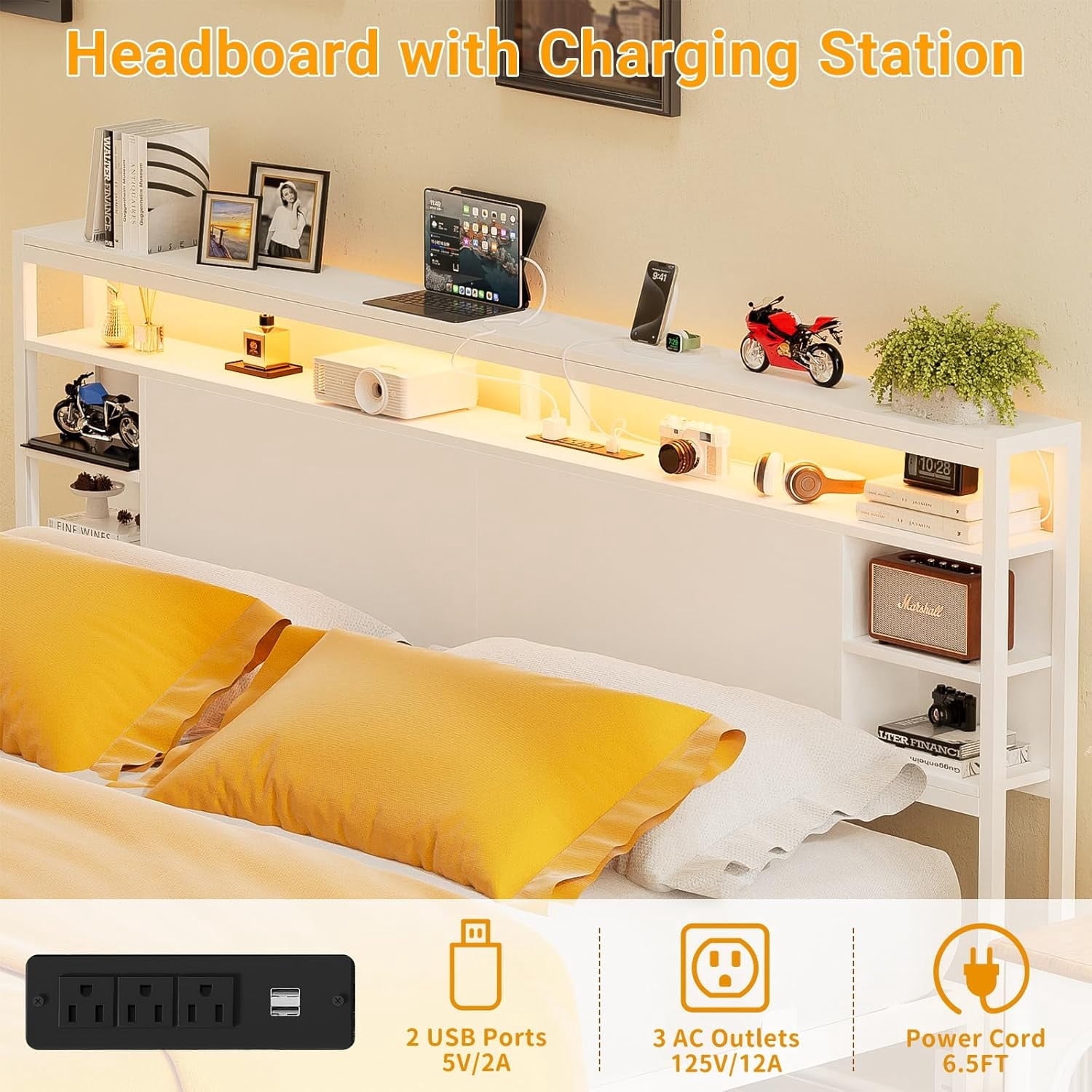 Homieasy King Size Bed Frame with Storage Headboard, Power Socket and ...