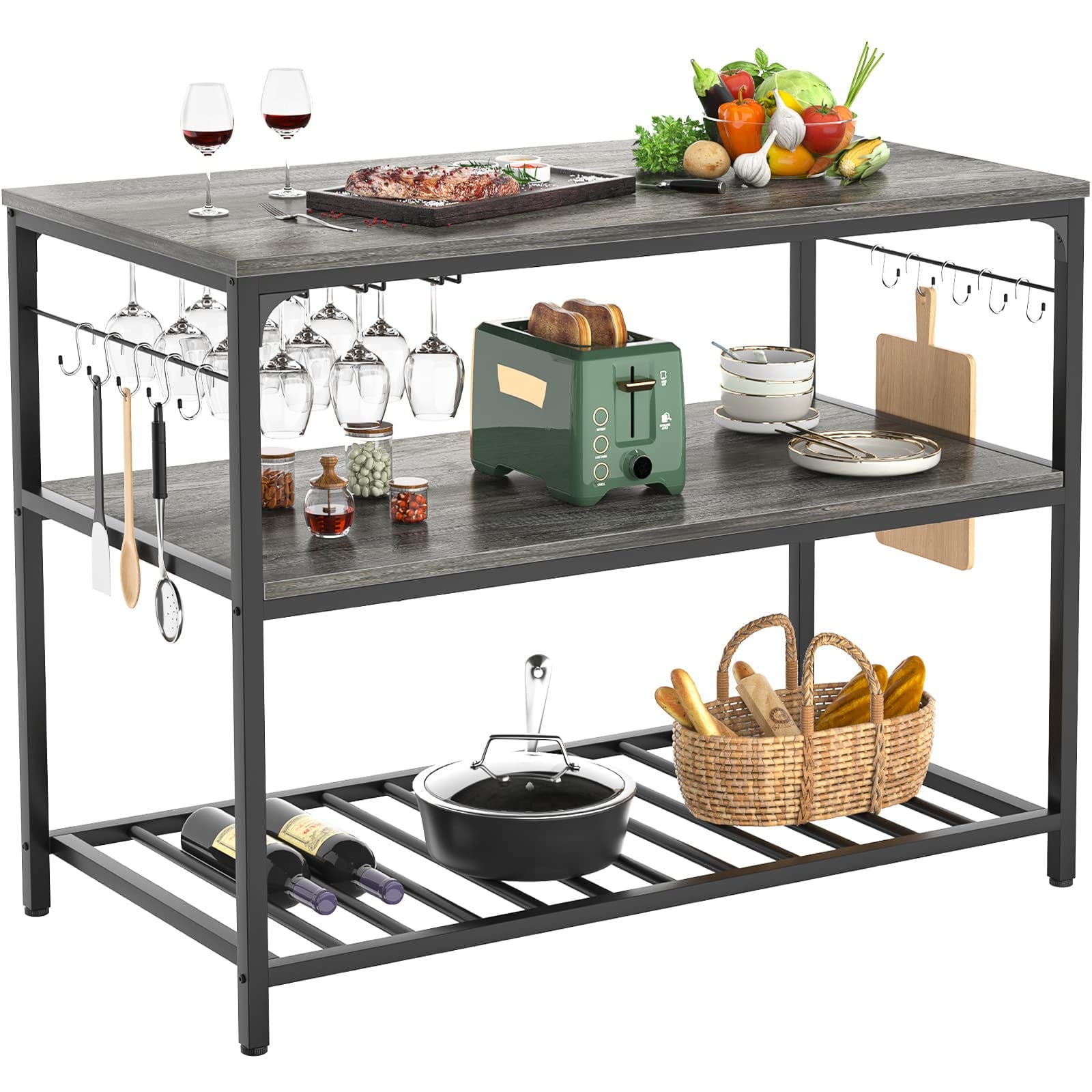 Homieasy Industrial Kitchen Island with Wine Glass Holder, 3 Tier ...