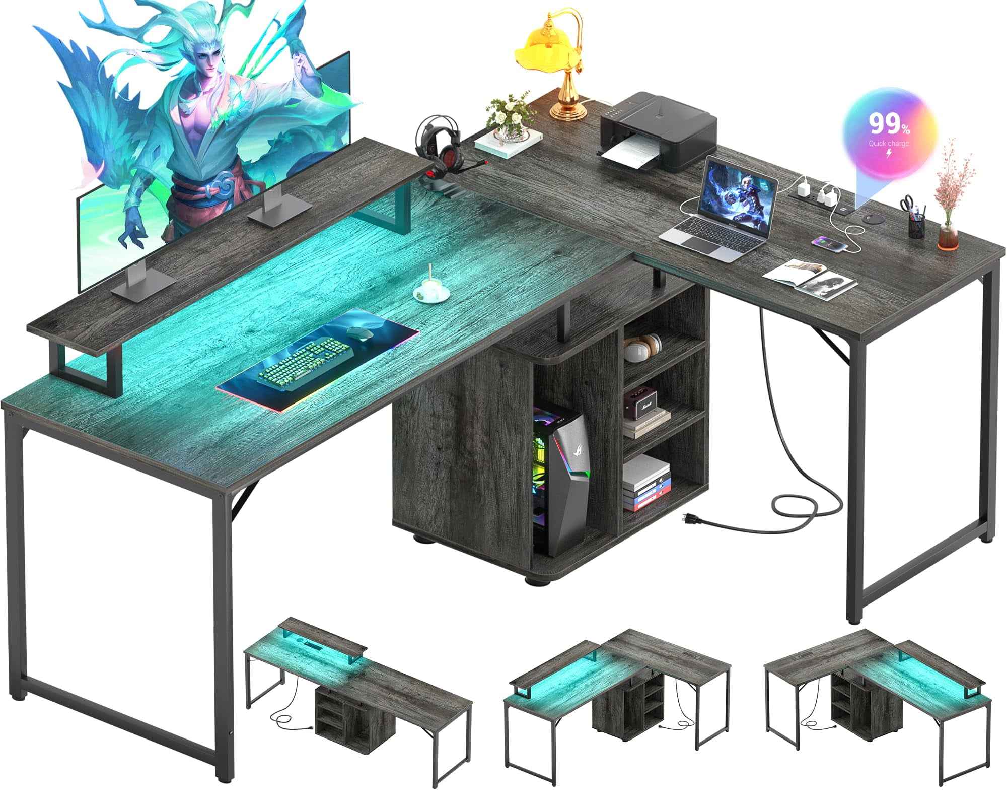 Homieasy L Shaped Computer Desk, 58'' Reversible Gaming Desk with LED ...