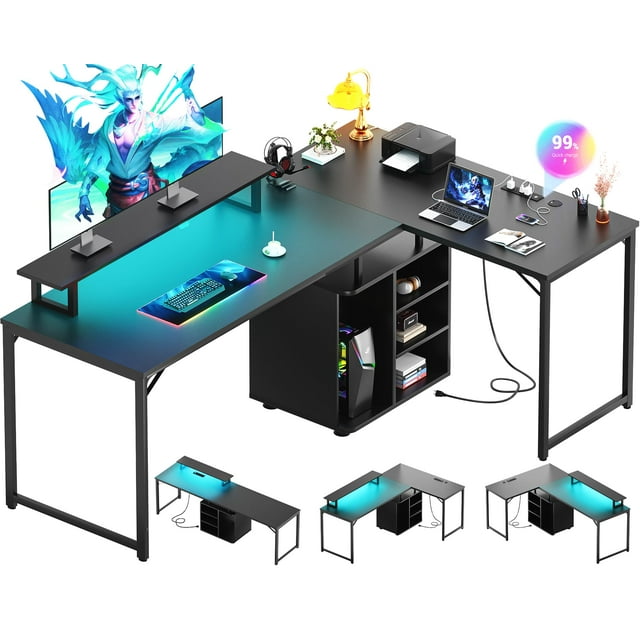 Homieasy L Shaped Computer Desk, 58'' Reversible Gaming Desk with LED ...