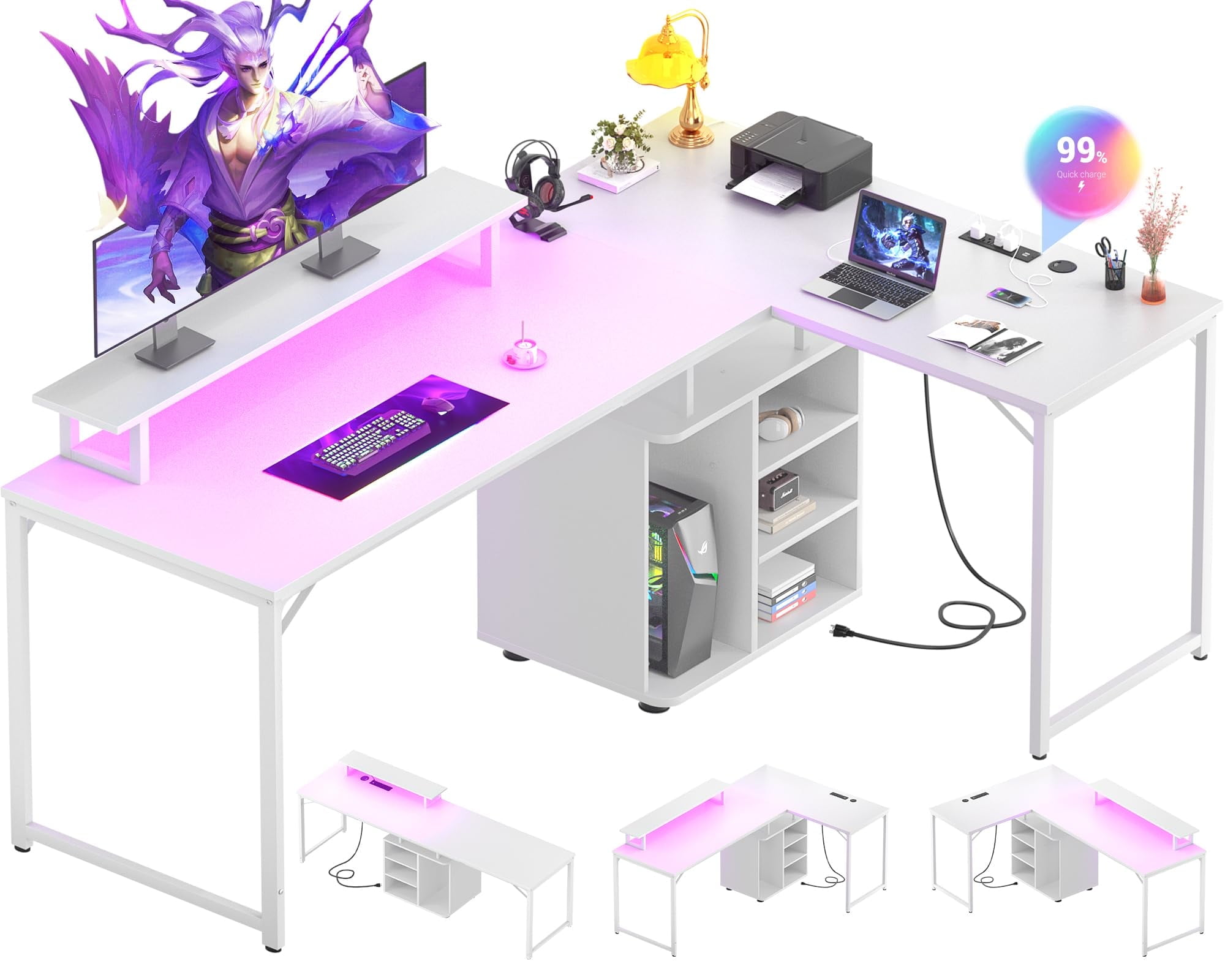 Homieasy L Shaped Computer Desk, 58'' Reversible Gaming Desk with LED ...