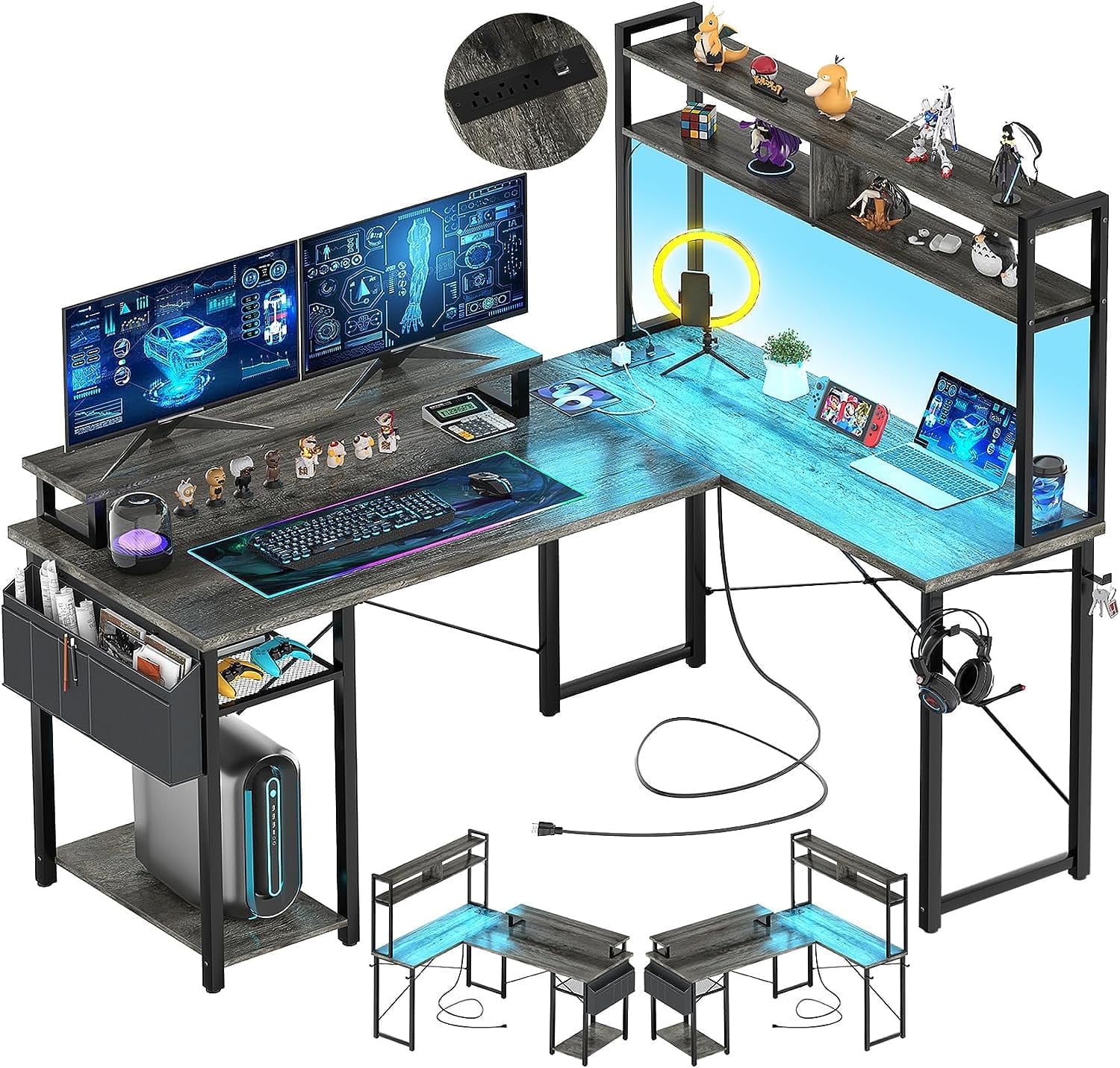 Homieasy L Shaped Desk with Gaming Features, Monitor Stand, Storage ...