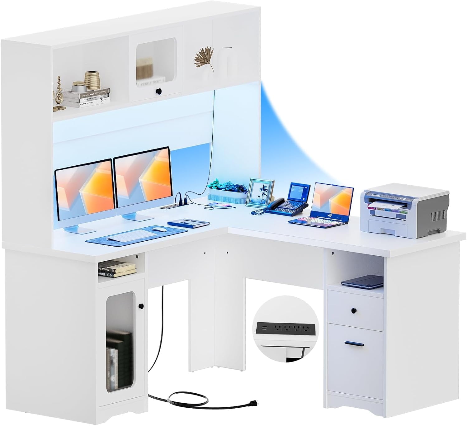 Homieasy L Shaped Desk with Drawers, 60 Inch Office Desk with Power ...