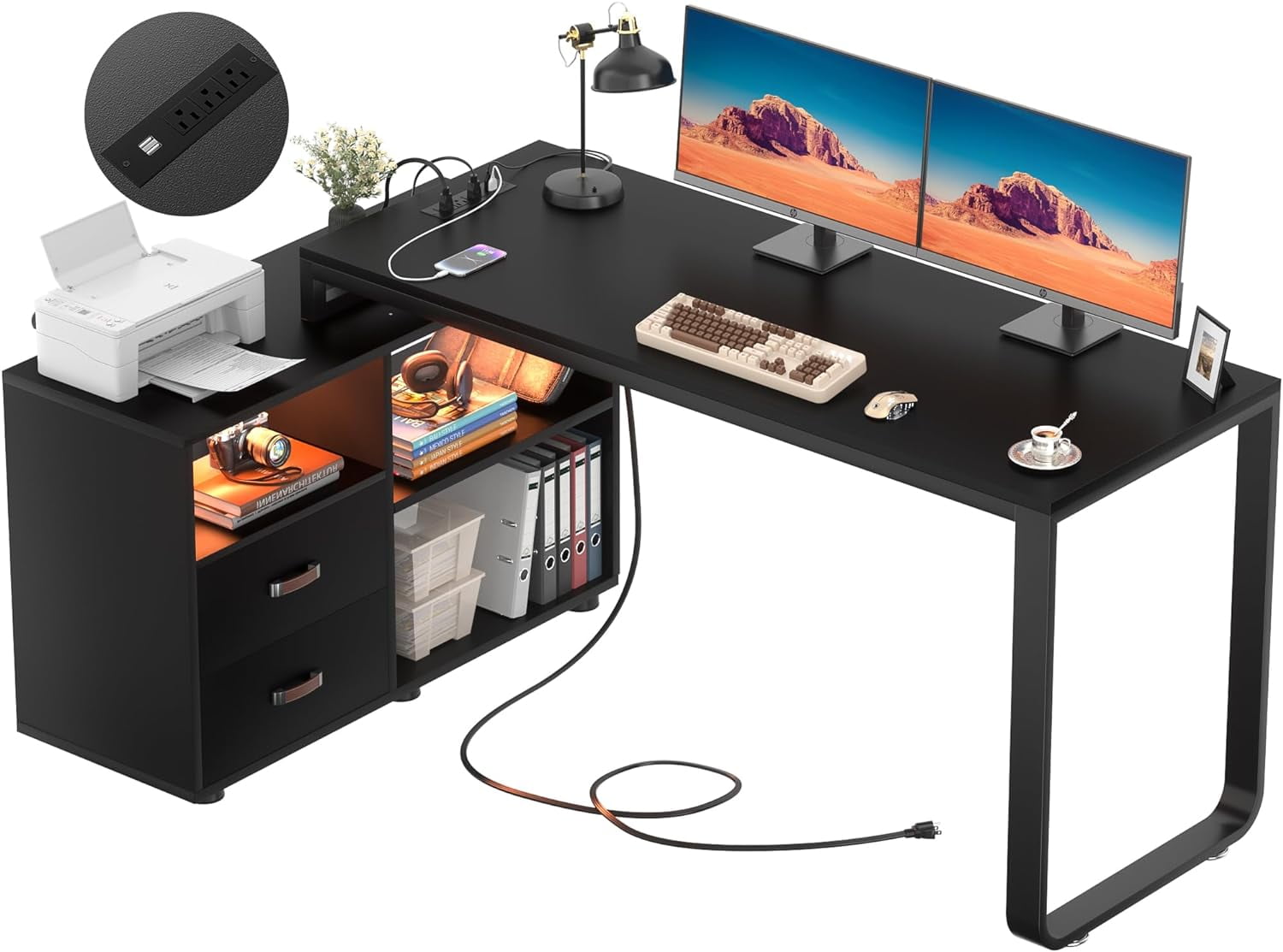Homieasy L Shaped Desk With File Cabinet And Power Outlet Reversible 55