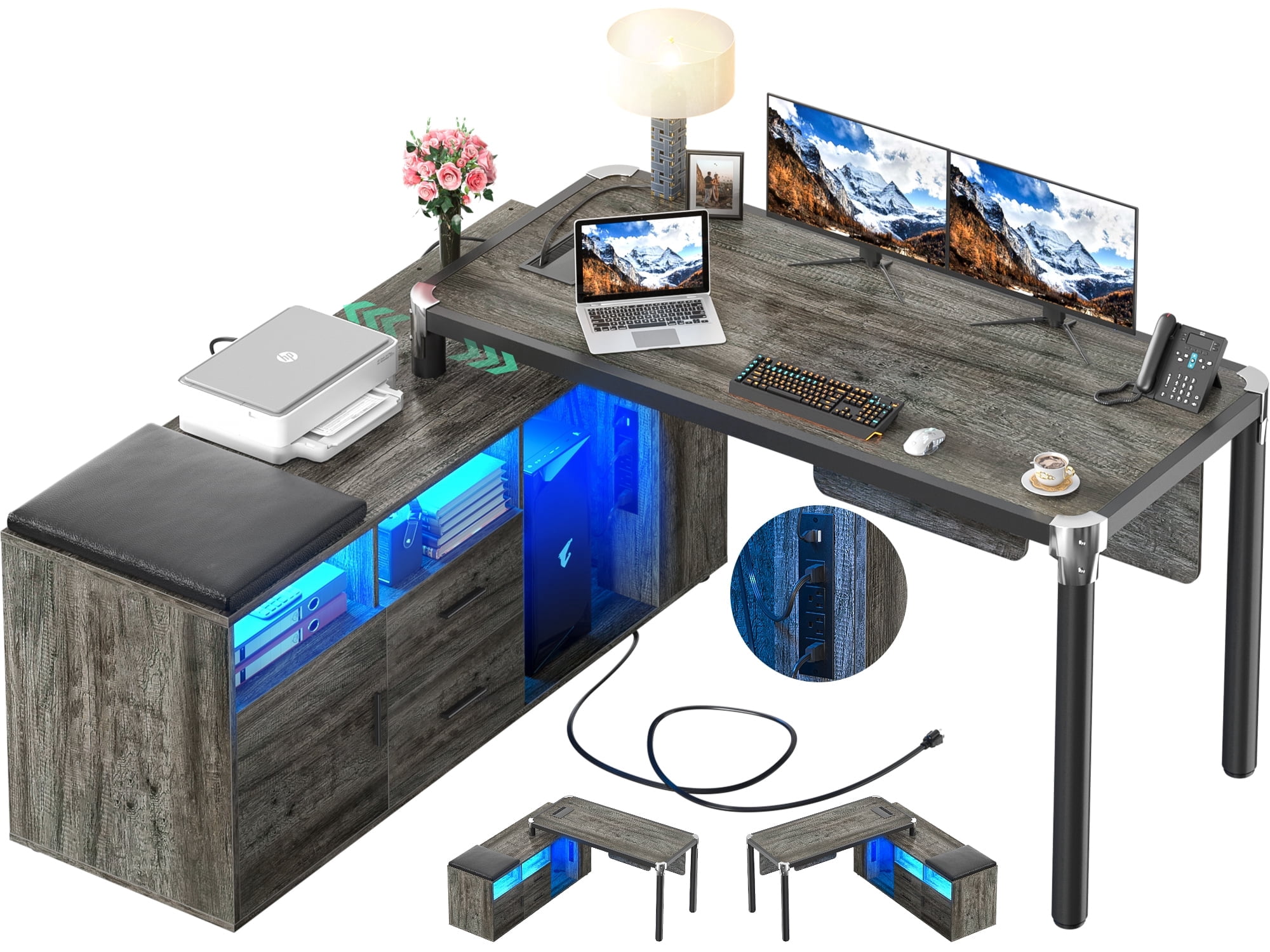 Homieasy L Shaped Desk with File Cabinet and Power Strip, Reversible ...