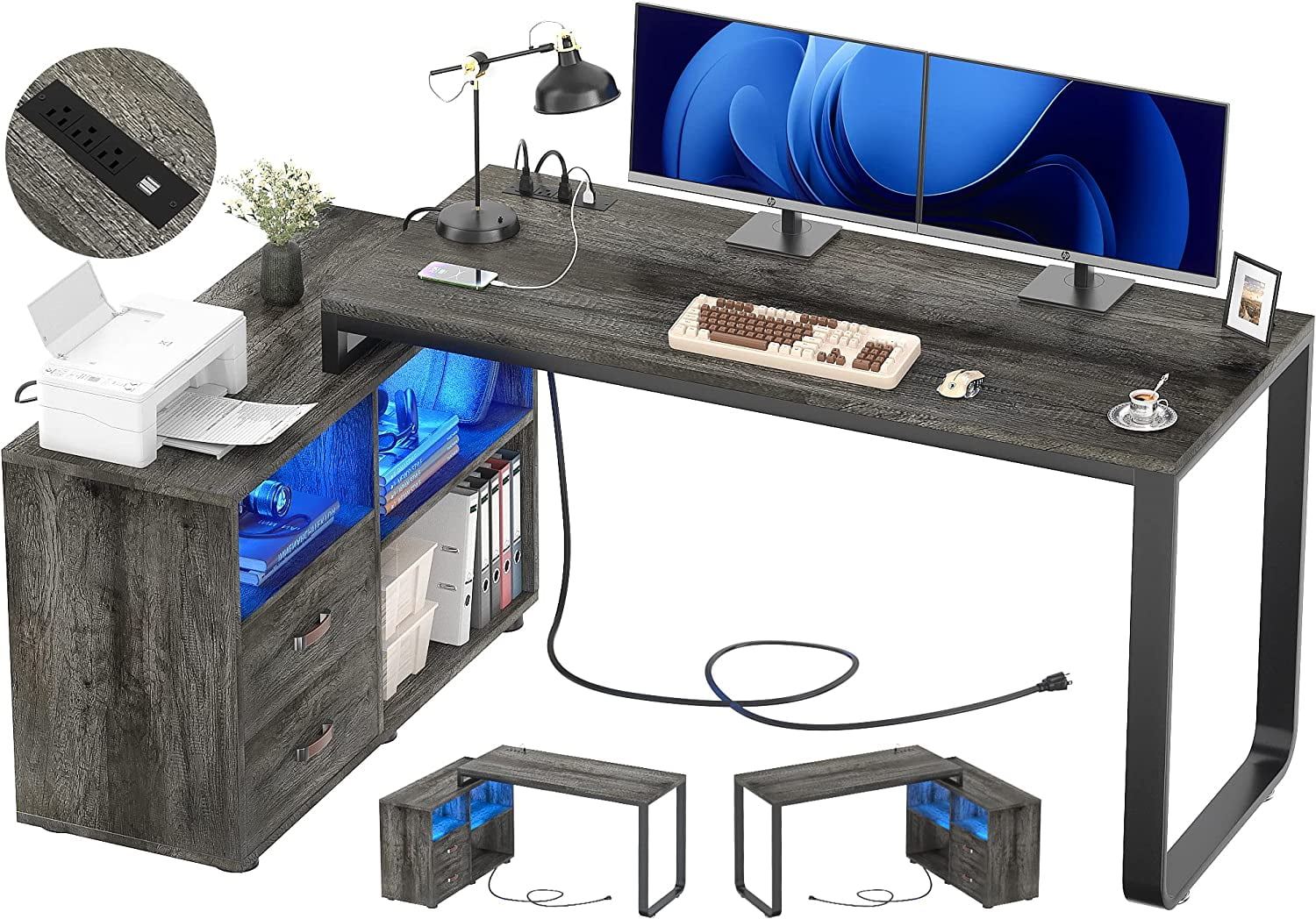 Homieasy L-Shaped Desk with Filing Cabinet, 55 Inch, Drawers, Storage ...