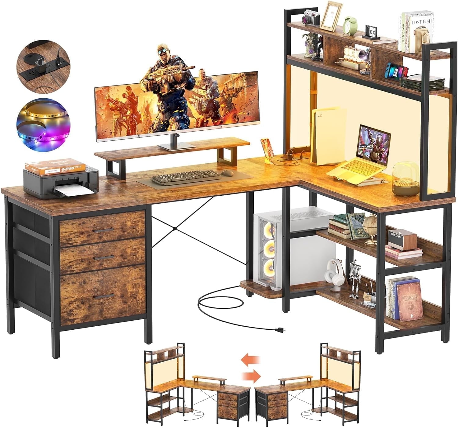 Homieasy L Shaped Desk with Hutch, Gaming Desk with Led Lights ...