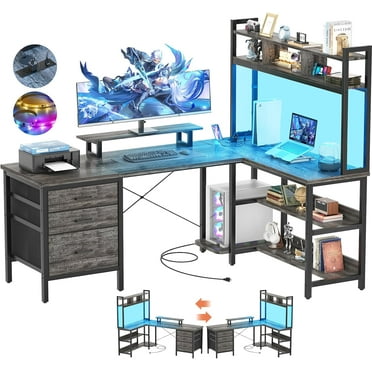 Homieasy L Shaped Desk with Power Outlets, LED Lights, Hutch, Storage ...