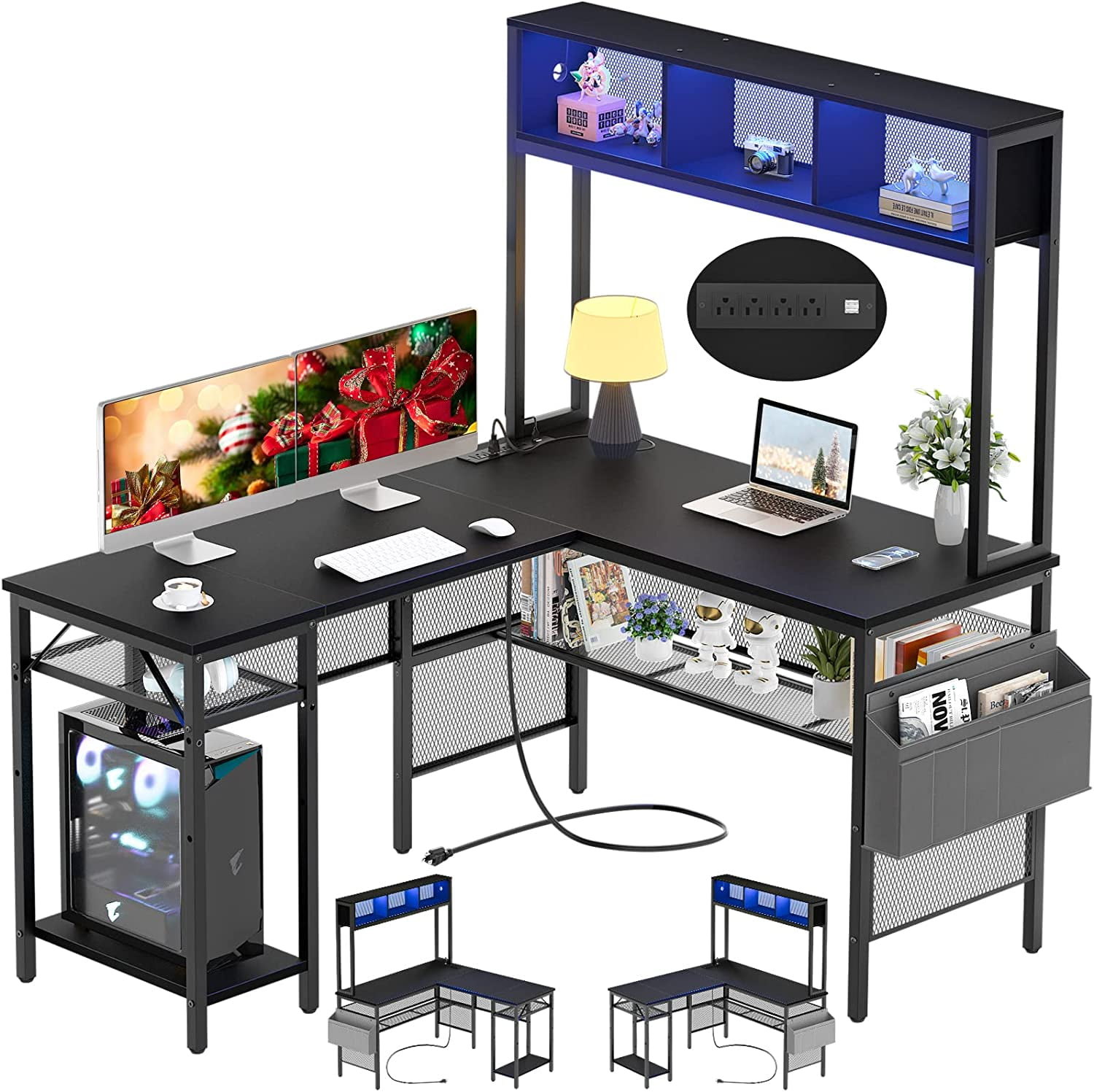 Homieasy L-Shaped Desk with LED Strip and Power Outlets, Reversible ...