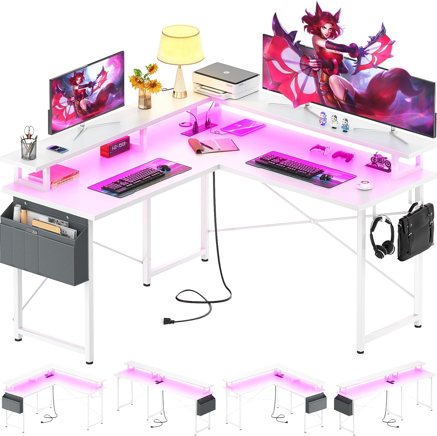 Homieasy Gaming Desk with Power Outlet and LED Strip, 47 inch ...