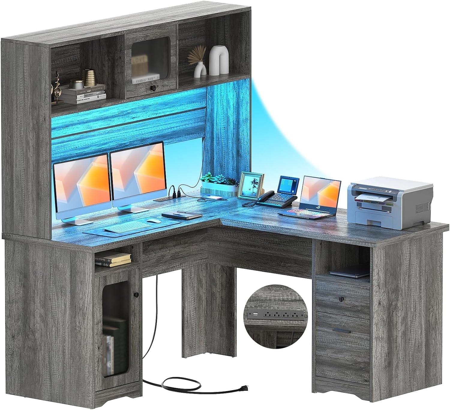 Homieasy 60 Inch L Shaped Desk with Power Outlet, LED Lights, Drawers ...