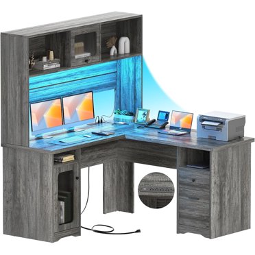 Homieasy L-Shaped Desk with Power Outlet, LED Lights, Drawers, Hutch ...