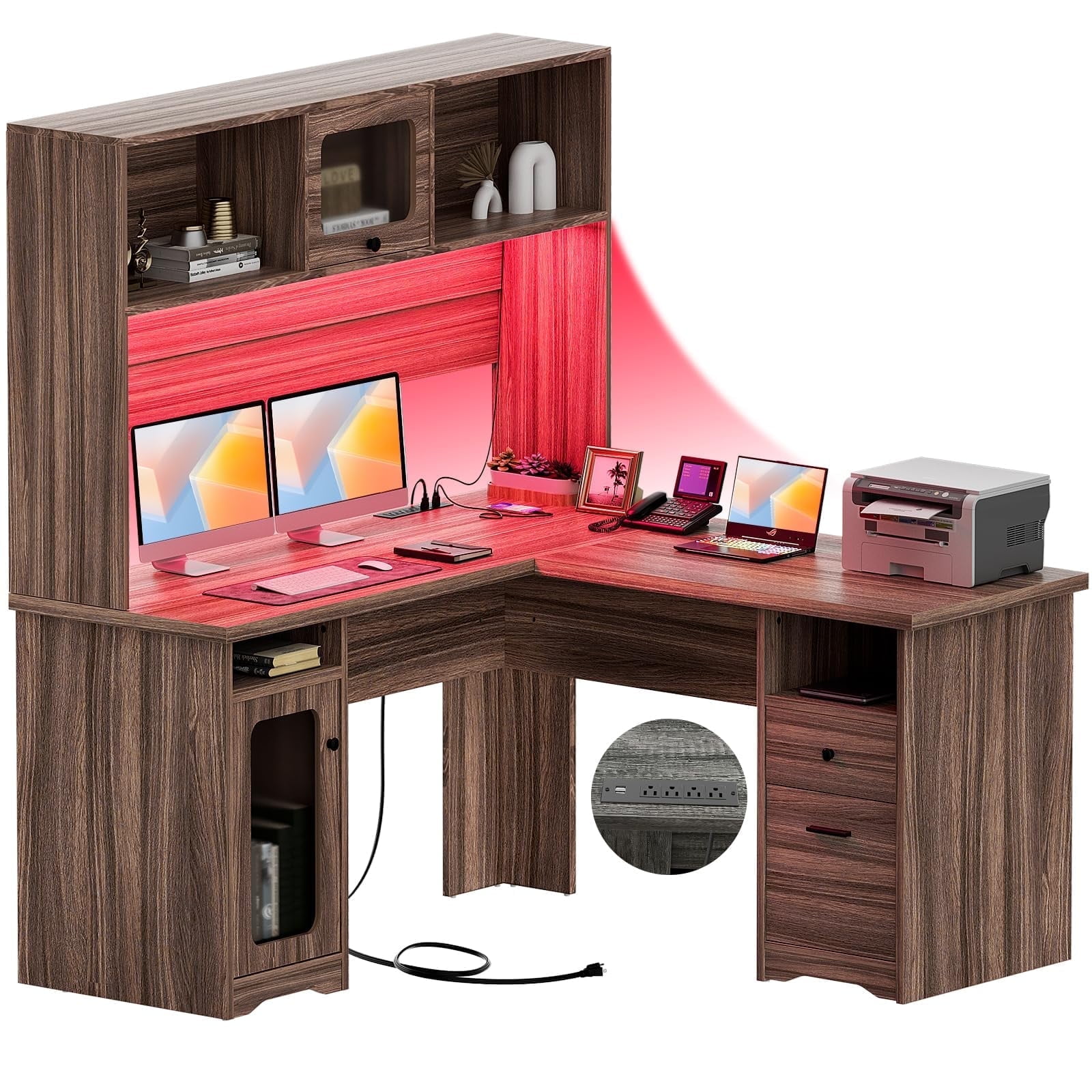 Homieasy 60-Inch L-Shaped Desk with Power Outlet, LED Lights, Drawers ...