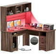 Homieasy 60-Inch L-Shaped Desk with Power Outlet, LED Lights, Drawers ...