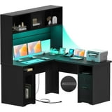 Homieasy L-Shaped Desk with Power Outlet, LED Lights, Drawers, Hutch ...