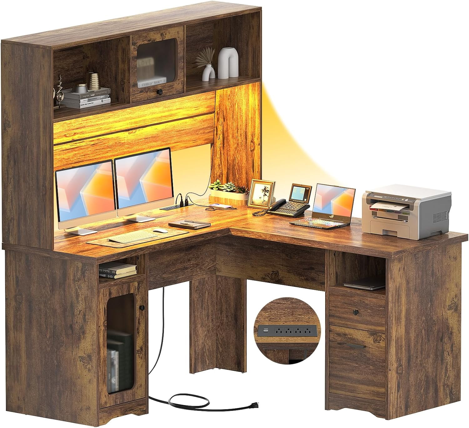 Homieasy L Shaped Desk with Power Outlet and LED Lights, 60 Inch Large ...