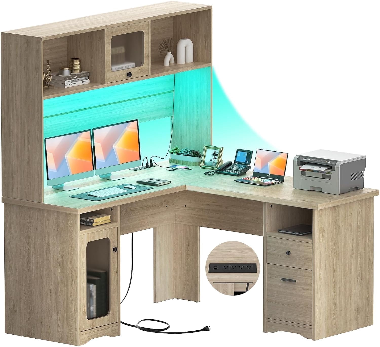 Homieasy 60 Inch L-Shaped Desk with Power Outlet, LED Lights & Storage ...