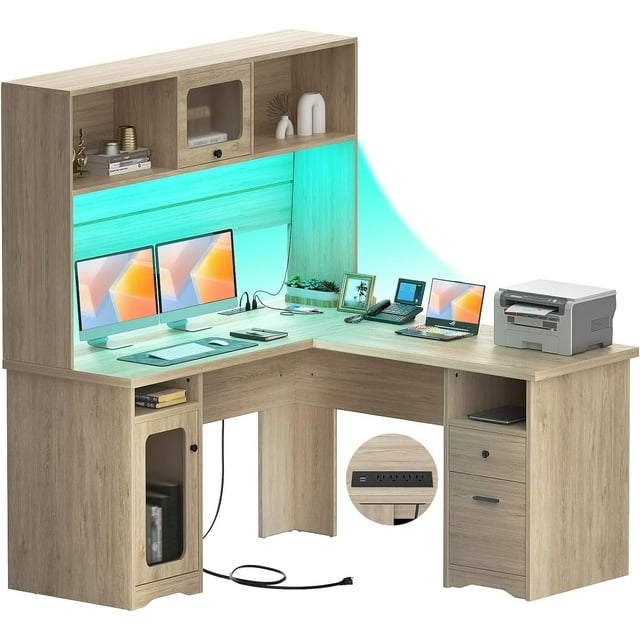 Homieasy 60 Inch L-Shaped Desk with Power Outlet, LED Lights & Storage ...