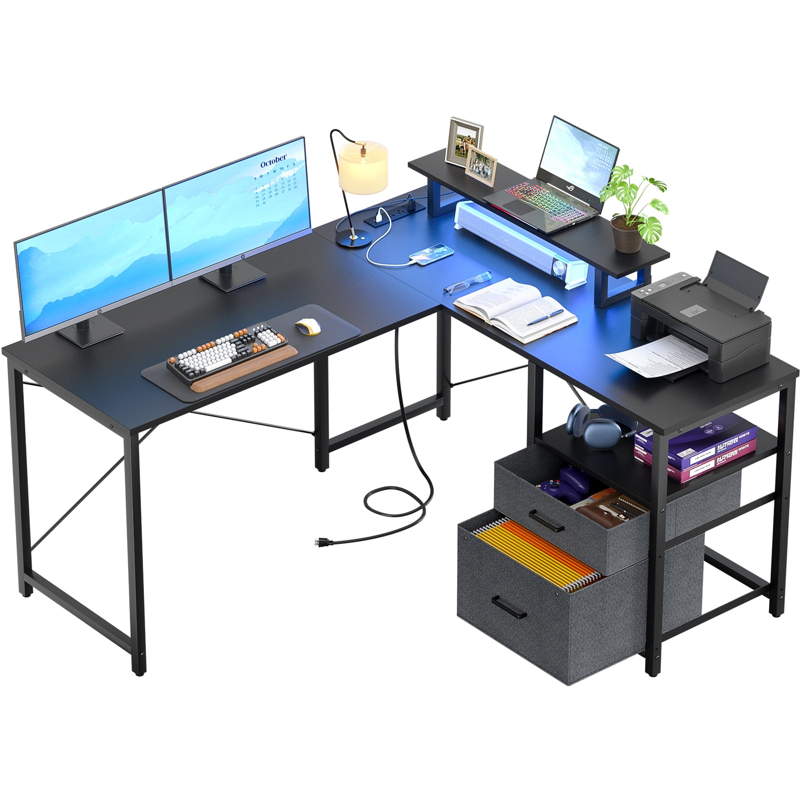 Homieasy Black L-Shaped Desk with LED Lights, Power Outlet, Monitor ...
