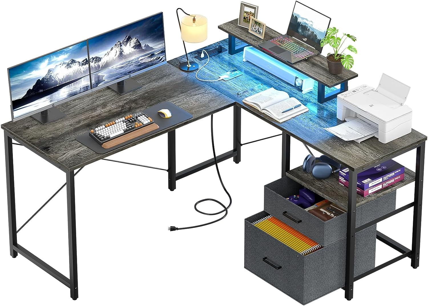 Free Shipping! Homieasy L Shaped Desk with Power Outlet and LED Lights ...