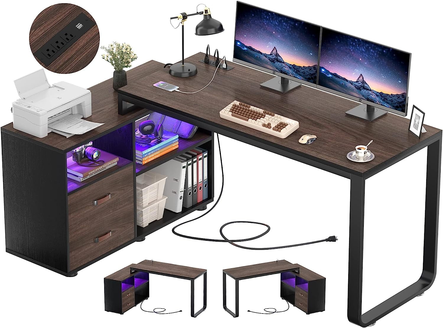 Homieasy L Shaped Desk with Power Outlet & LED Strip, 55 Inch Large ...