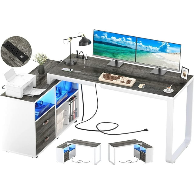 Homieasy Modern Office Furniture, 55-inch L-shaped Desk with LED and ...
