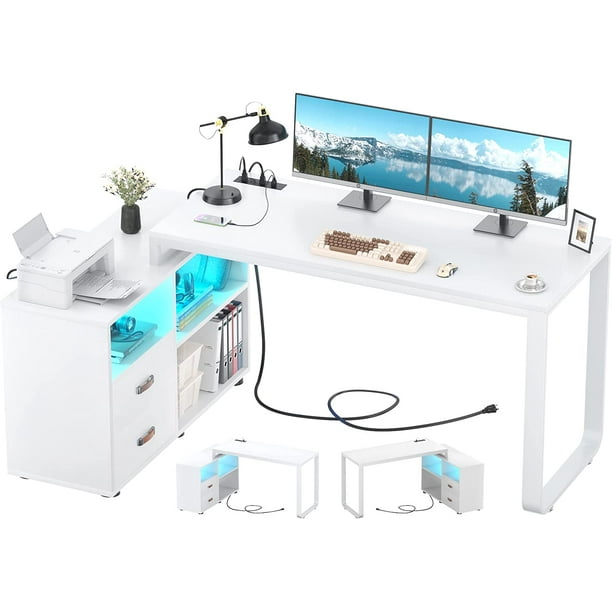 Homieasy L Shaped Desk with Power Outlet and LED Strip, 55 Inch ...