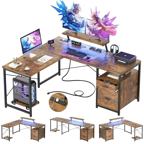 Homieasy L-Shaped Gaming Desks 94.5 Inch with Outlets, USB Ports, LED ...